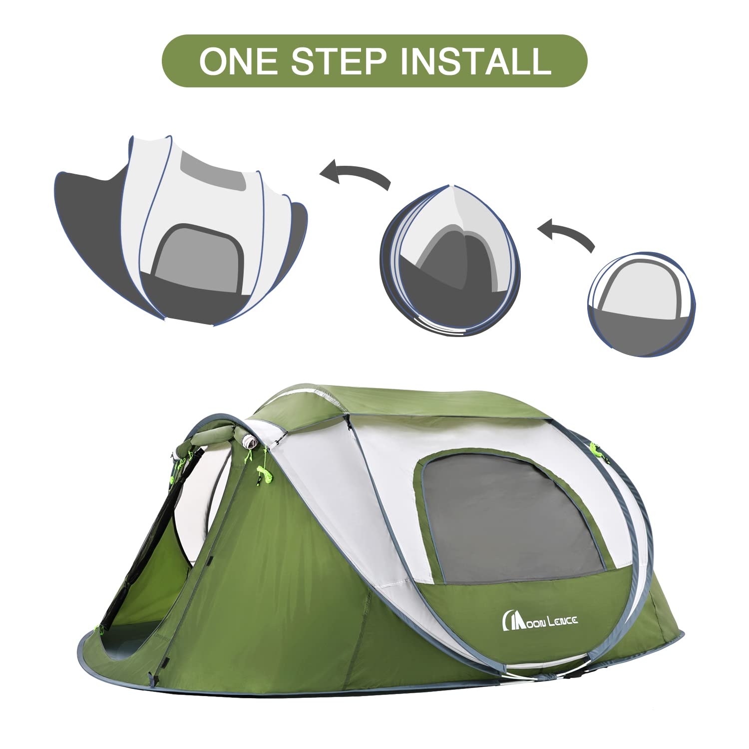 Moon Lence Pop up Tent 4 Person Camping Tent Waterproof Tent 3 Ventilated Mesh Windows,2 Big Doors Instant Tent for Family Easy Setup