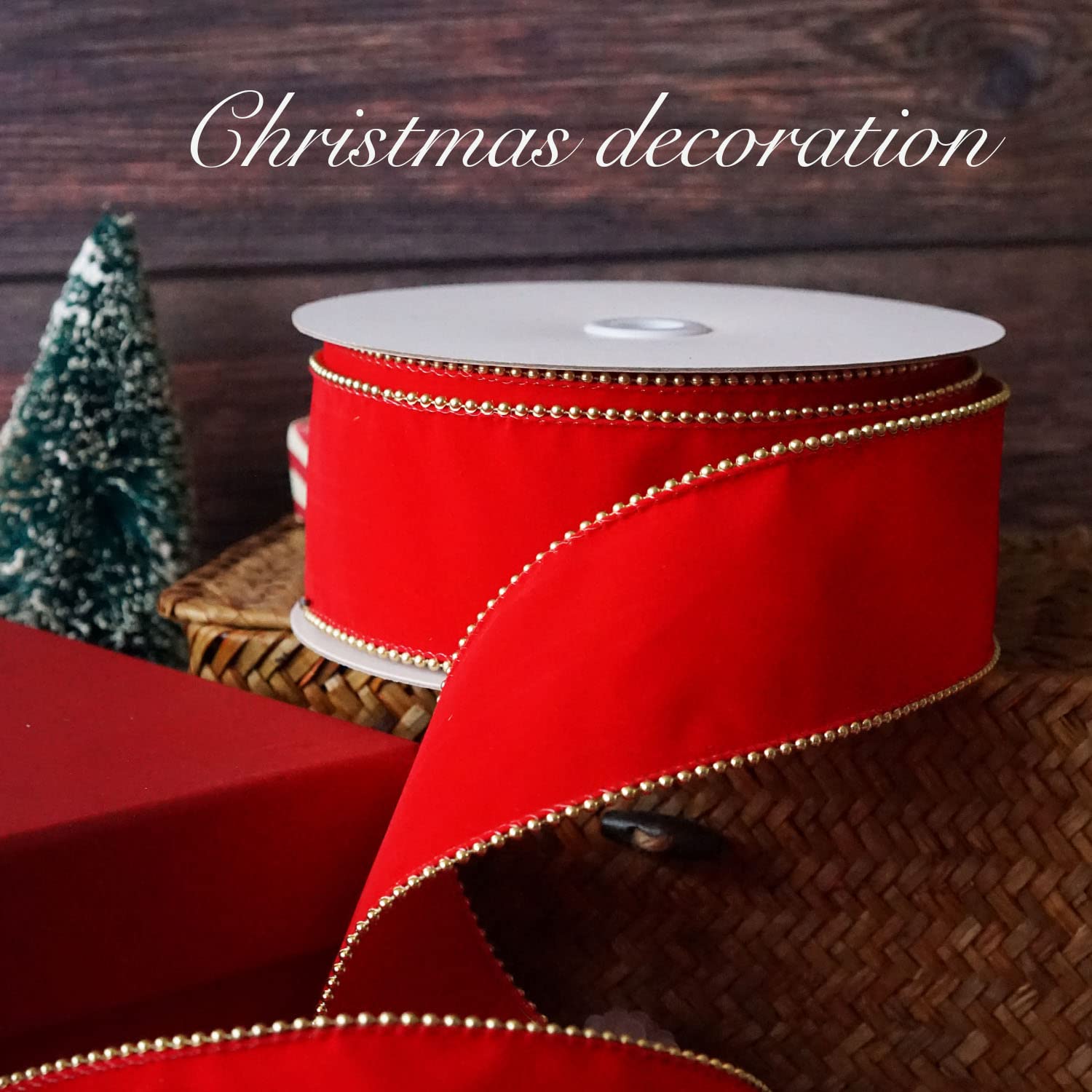 Liphontcta Cintago 2-1/2 Inch, 20 Yards Red Velvet Wired Ribbon with Gold Beads Edge, Christmas Wire Edge Ribbon (red)