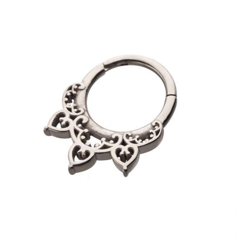 Pierced Owl 16G Stainless Steel Filigree Heart Design Helix Cartilage Daith Septum Hinged Segment Clicker Ring (Silver Tone)