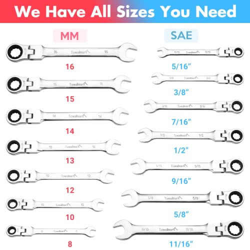 Towallmark 14-Piece Flex-Head Wrench Set, Ratcheting Combination Set, SAE 5/16"-11/16""& Metric 8-16mm, 72-Teeth,Cr-V Steel Ratchet Wrenches Set with Storage Bag for truck/garage projects, etc.