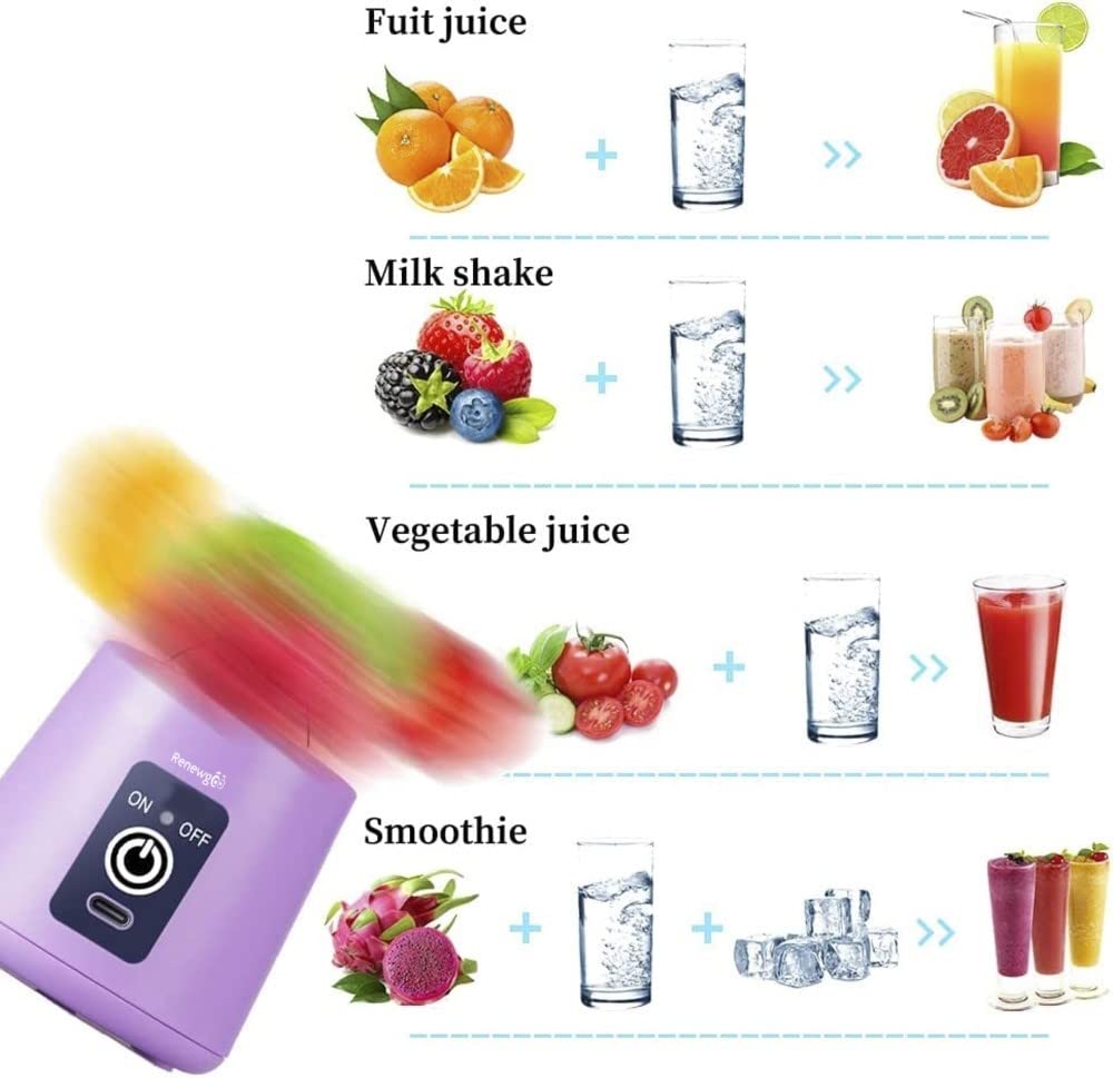 Renewgoo BlendMate Blender Portable Juicer Travel Bottle Portable Personal USB-C Mini Rechargeable Electric Smoothie Maker, Fruit & Veggie Blending To Go, Purple