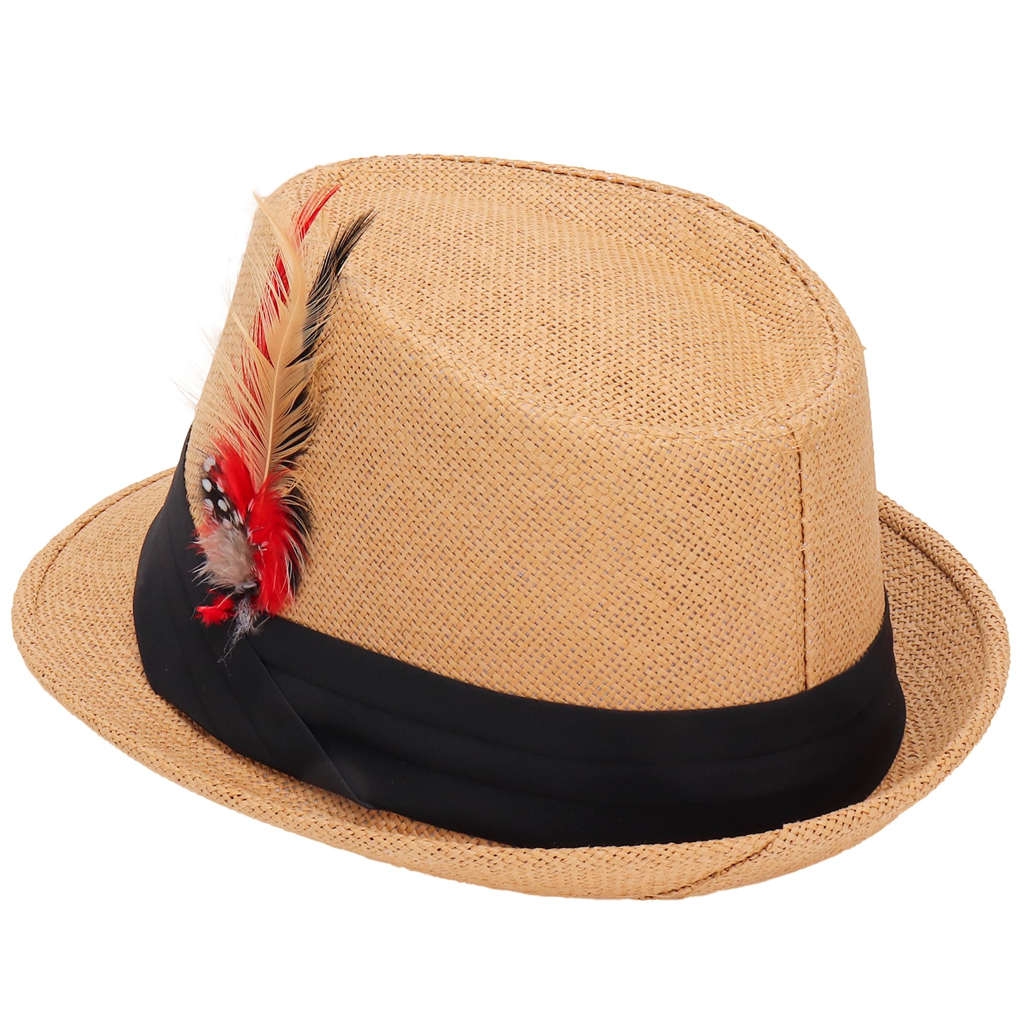 Ultrafun Straw Fedora Hats for Men Women Short Brim Summer Beach Hat with Feathers Band (US, Alpha, One Size, Black)