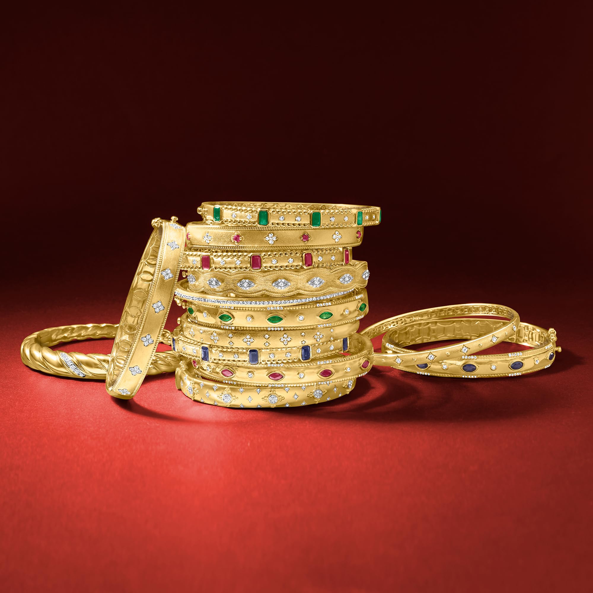 Ross-Simons 1.40 ct. t.w. Emerald and .15 ct. t.w. Diamond Bangle Bracelet in 18kt Gold Over Sterling. 7 inches