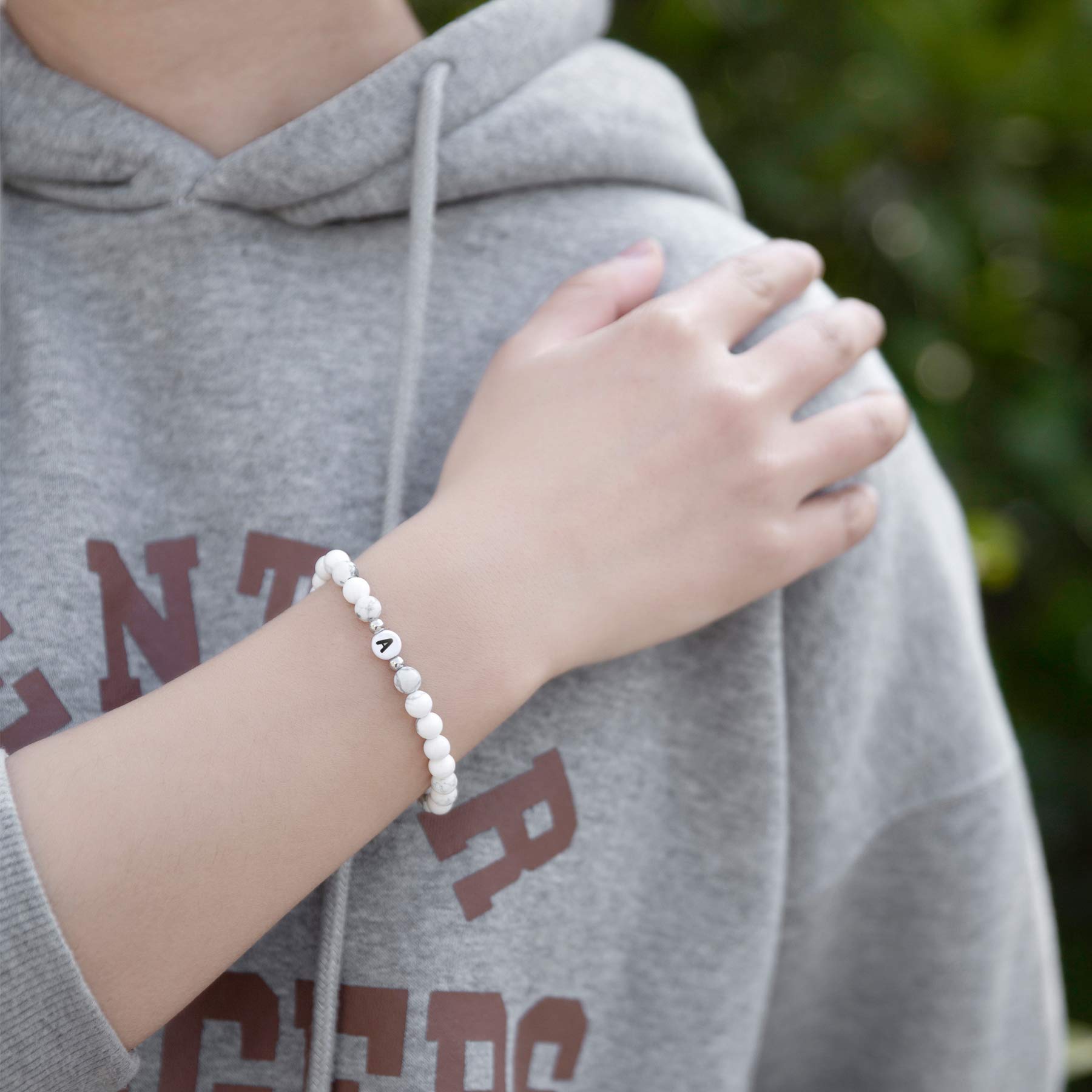 MIGATI Name Bracelet Personalized Initial Letter Howlite Handmade for Women Men Couples (A)