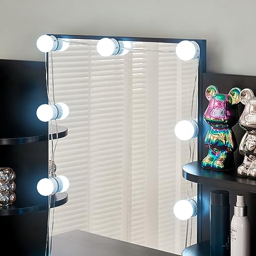 Livavege Vanity Desk with Mirror and LED Lights, Makeup Vanity Table with 2 Drawers, 6 Storage Shelves, Cushioned Stool, 3 Color Light Options Adjustable Brightness, Dressing Table Set for Bedroom