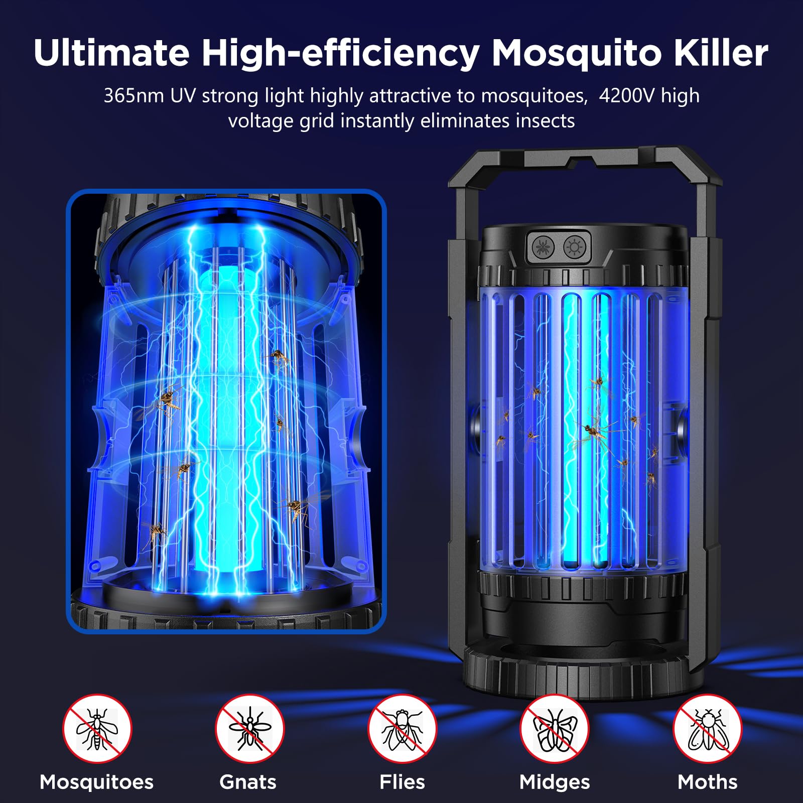 Solar Bug Zapper Outdoor Indoor, Mosquito Zapper with Large-Capacity 5000mAh Battery, 4 in 1 Insect Fly Zapper with Spotlights, Rechargeable & Cordless for Camping, Fishing, Patio, Home Black