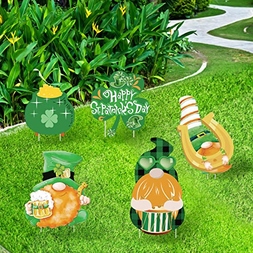 St. Patrick's Day Yard Sign Stakes Outdoor Decorations 5 pcs Irish Gnome Shamrock Green Lawn Sign for Saint Patty's Day Outside Lawn Yard Decorations Supplies 