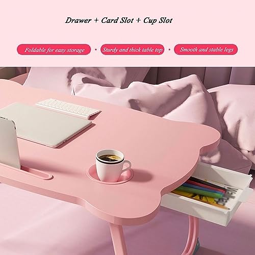 Laptop Bed Desk, Portable Foldable Laptop Bed Table with Storage Drawer and Cup Holder, Foldable Lap Trays for Eating, Writing, Reading and Working (Size: 60×40cm) (Pink