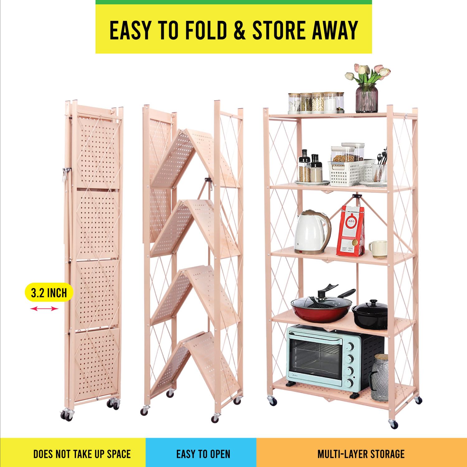 Letusto Foldable Collapsible Shelf with Wheels & Breaks - Folding Shelf Heavy Duty Metal Frame Pantry Shelving Unit - Origami Bookcase - No Assembly Bookshelf (Pink, 5 Tier)