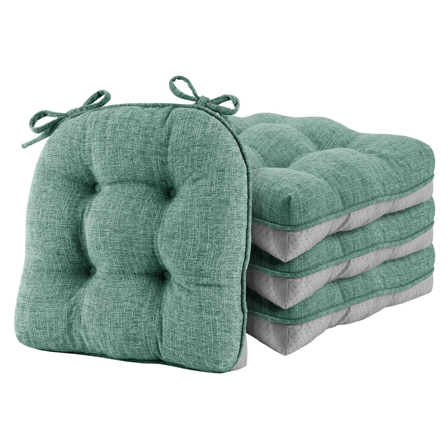 LOVTEX Kitchen Chair Cushions Set of 4, Non-Slip Chair Cushions for Dining Chairs, Shredded Memory Foam Chair Pads with Ties, Tufted Dining Chair Cushions, 15.5" x 15.5", Green