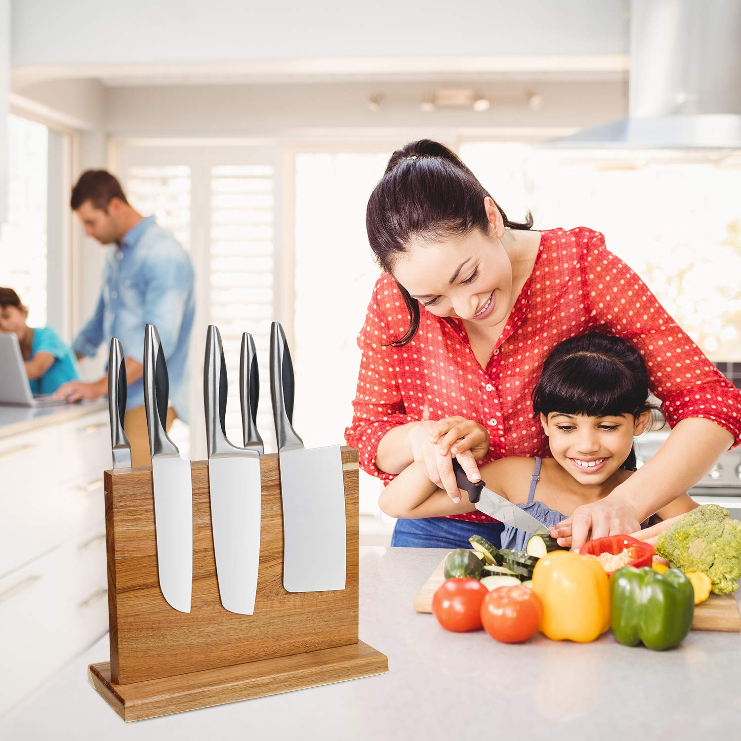 Magnetic Knife Holder Kitchen Universal Knife Block Without Knives Wood Knife Stand Organizer with Double Side Storage