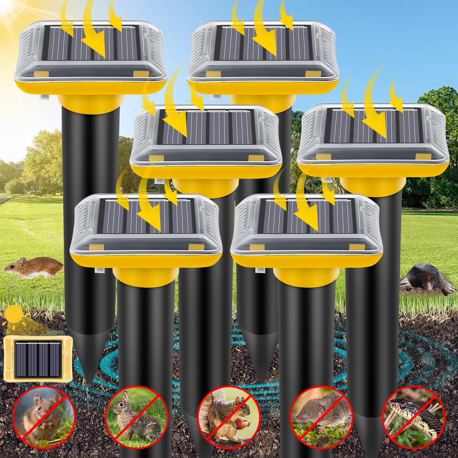 Ultrasonic Mole Repellent Outdoor, 2024 Upgrade Solar Powered Mole Repellent for Lawn Yard and Garden, Waterproof Mole Killer Traps, Effectively Repels Mole Snake Vole Groundhog (Yellow6p)