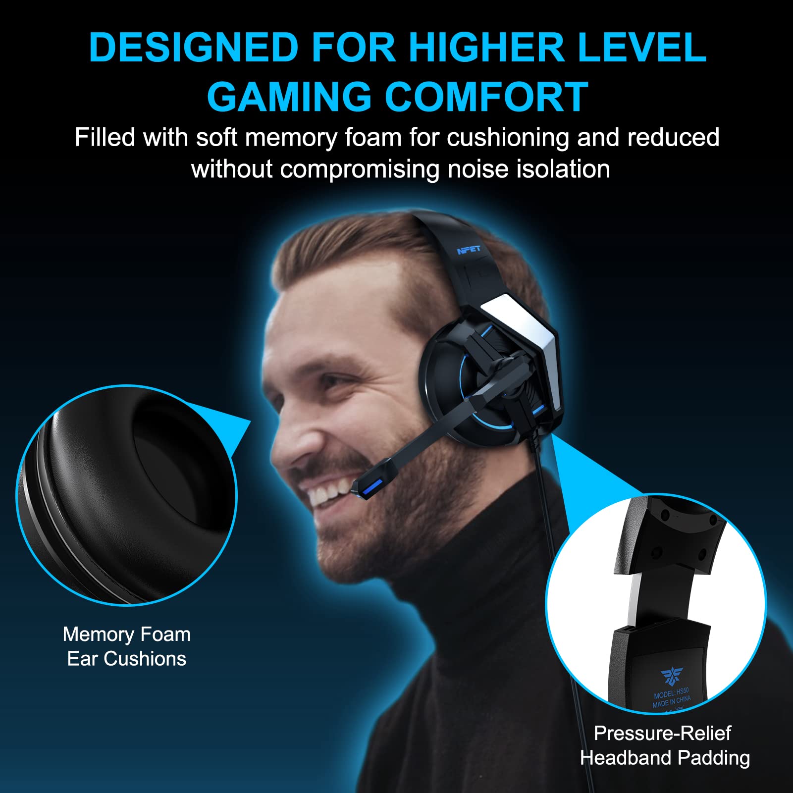 NPET HS50 Stereo Gaming Headset for PS4 PC Xbox One PS5 Controller, Noise Cancelling Over Ear Headphones with Mic,LED Light, Bass Surround, Soft Memory Earmuffs for Laptop Mac Nintendo NES Games