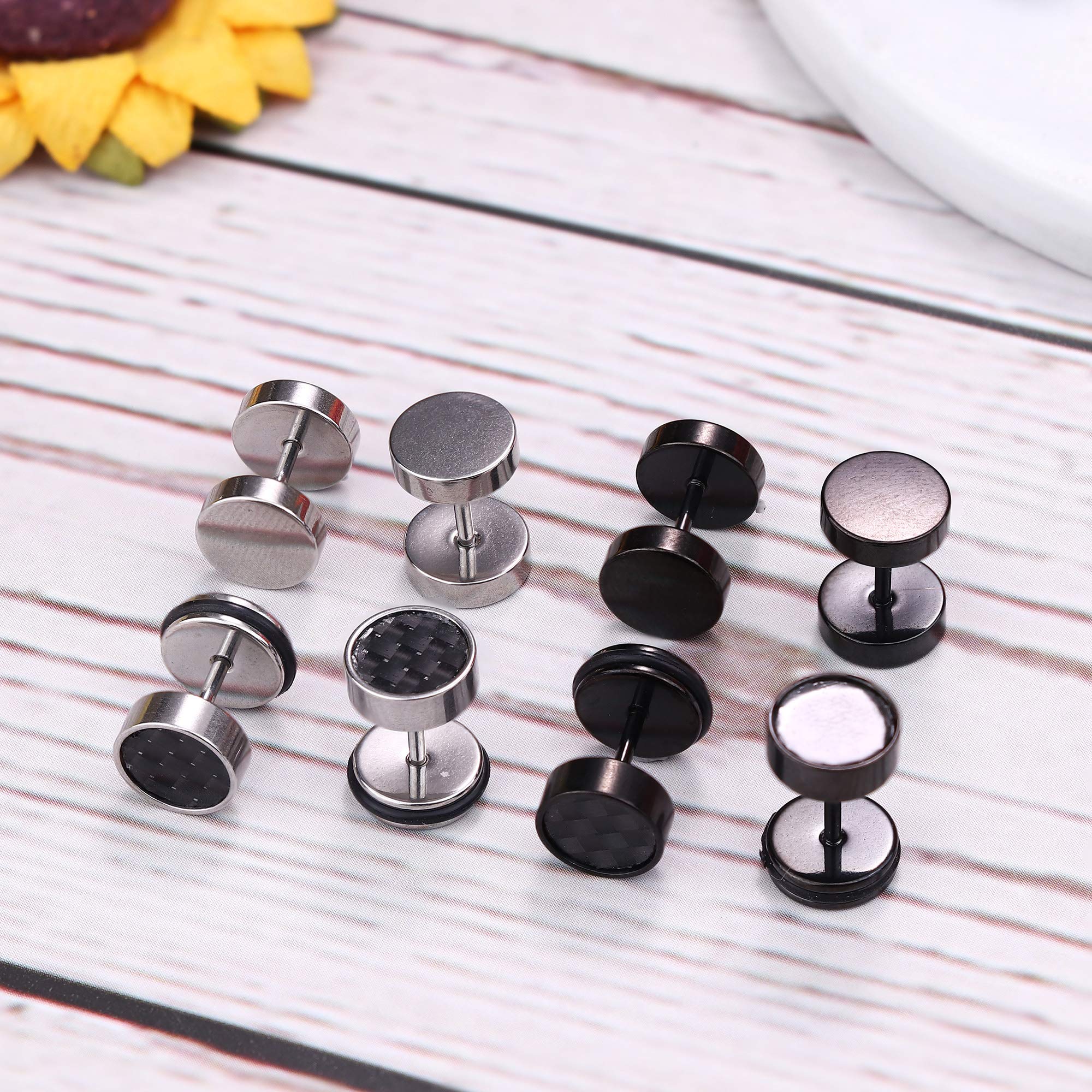 LOYALLOOK Stainless Steel Black Stud Earrings Silver Cubic Ziconia Stud Earrings Sets Tunnel Earring Ball Studs for Women Men 16 Pairs 6MM