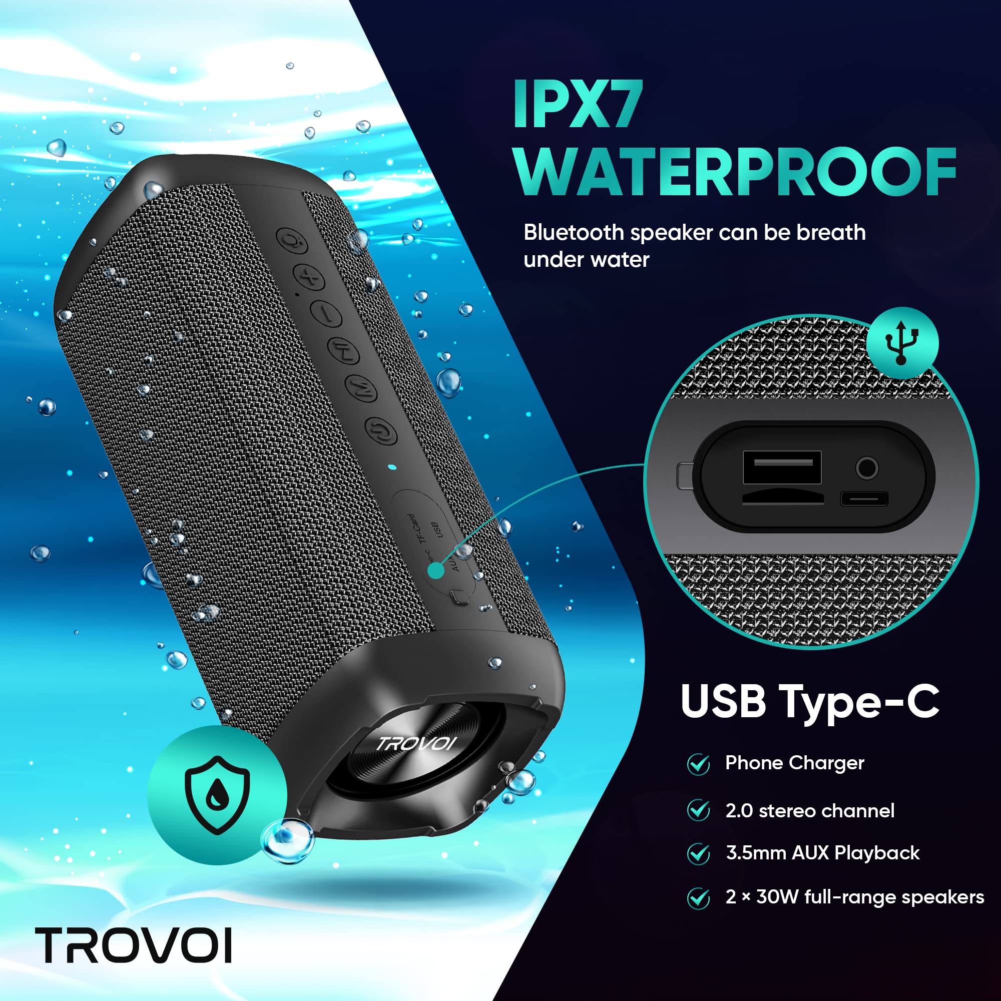 TROVOI Portable Bluetooth Speaker – 60W – IPX7 Waterproof – Suitable for Indoor, Outdoor, Pool, and Shower Use – Wireless Speakers for Home, Pool and Party – 360 Degree Sound