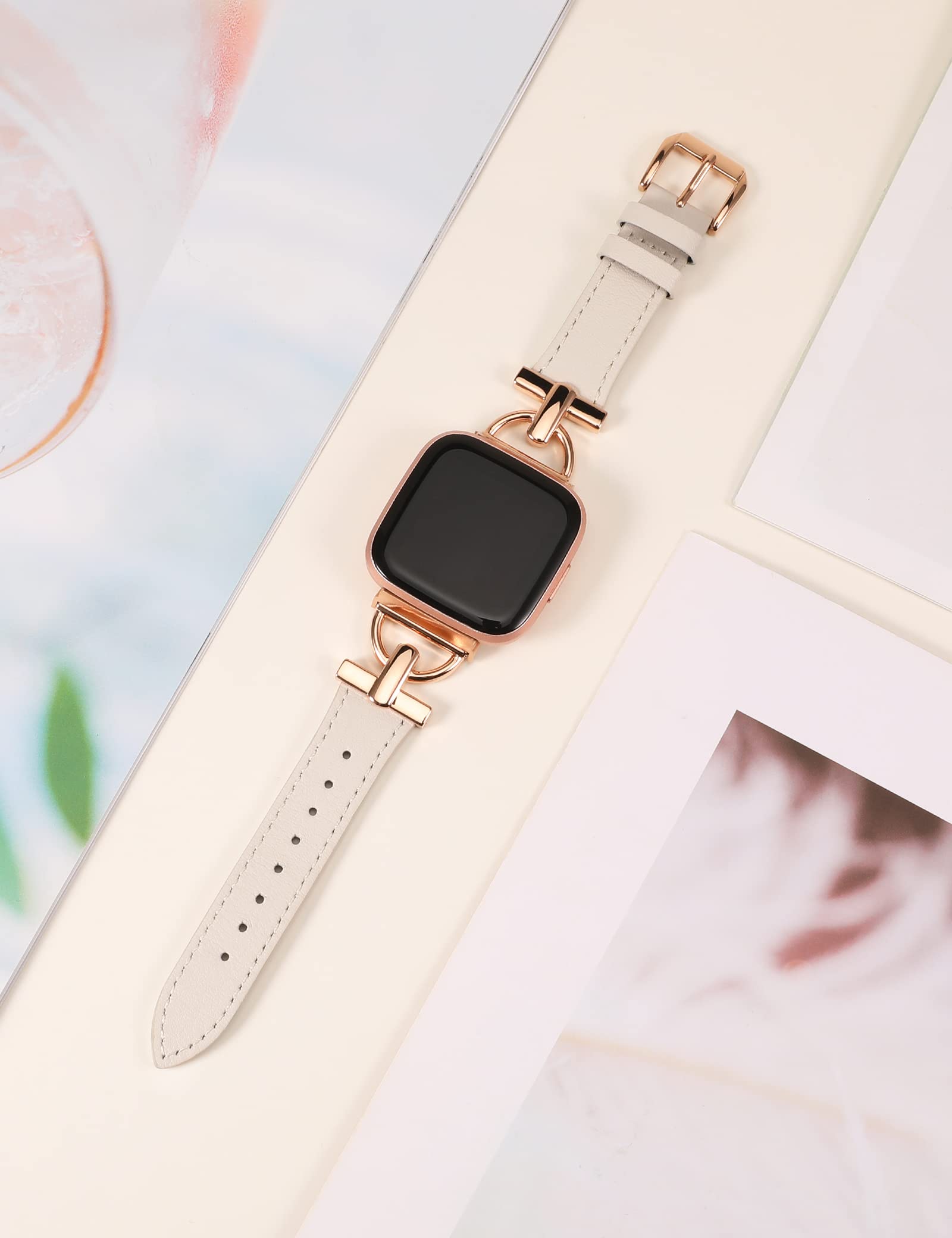 Wearlizer Leather Band Compatible with Fitbit Versa 2 Bands for Women, Dressy Slim Leather Strap Wristband with D-Shape Metal Buckle for Fitbit Versa/Versa 2/Versa Lite/Versa SE Smart Watch