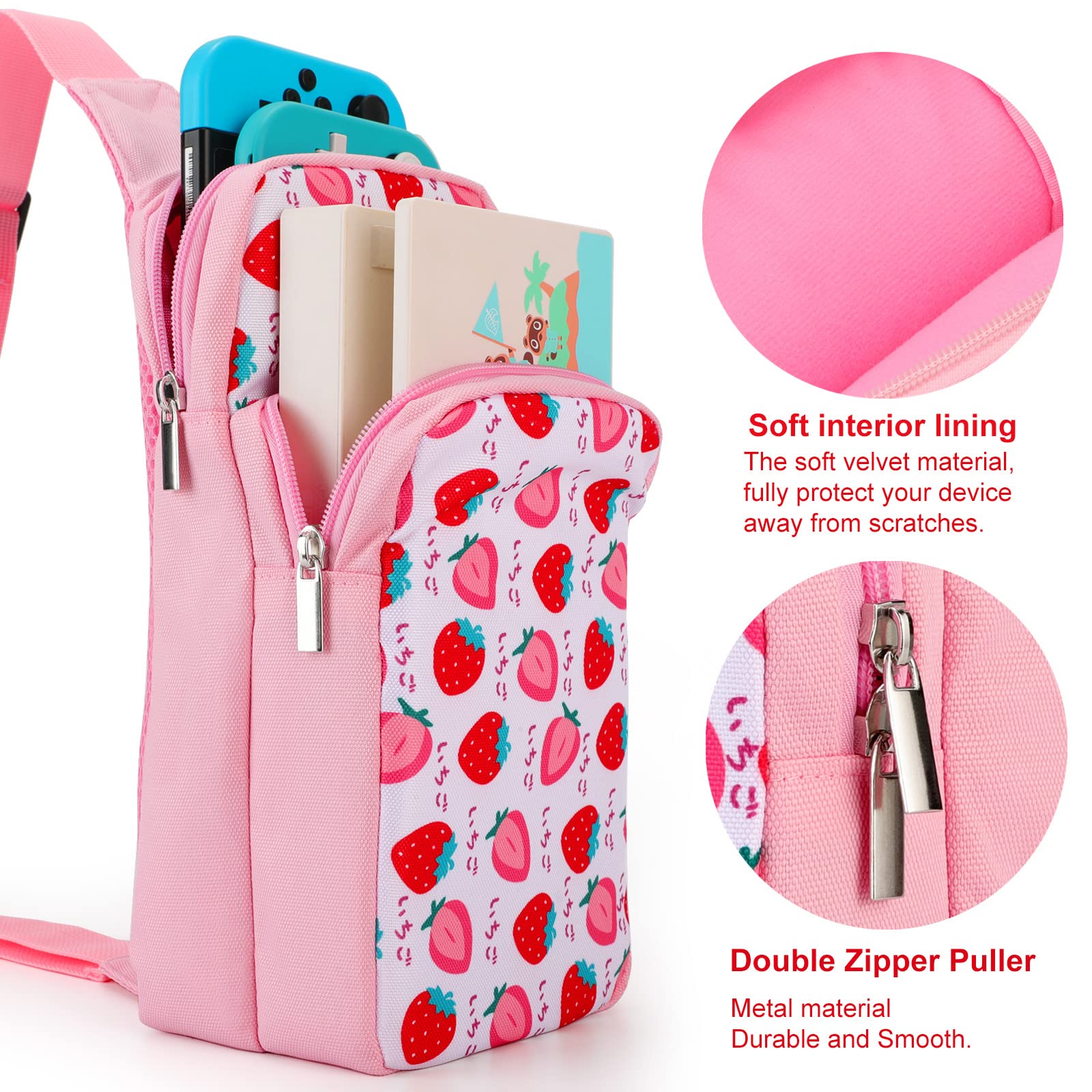 Owngen Cute Travel Bag for Nintendo Switch/ Lite / OLED, Portable Small Pink Strawberry Shoulder Carrying Storage Backpack for NS Consolo, Charging Dock, Joy-Cons, Accessories for Women Grils