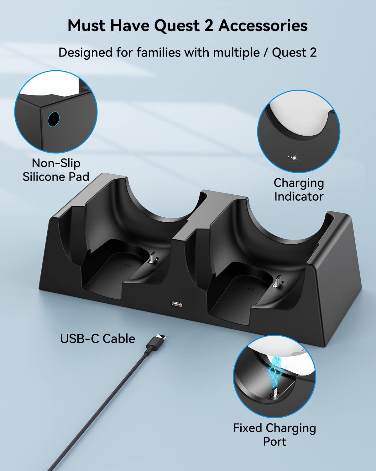 SiWiQU Dual Charging Dock for Quest 2, Fast Charger Station for Quest 2 with Charging Port Indicator, Upgrade 2 in 1 Charging Stand with 1.5M USB-C Link Cable