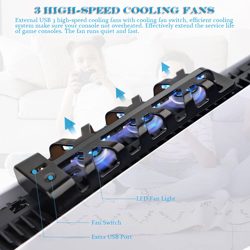 PS5 Stand Cooling Fan for PS5 Digital & Dics Version, Megadream USB External Cooler Fan Game Console Mini Cooling System for Playstation 5, 3 High-Speed USB Fans | External USB Charger Port