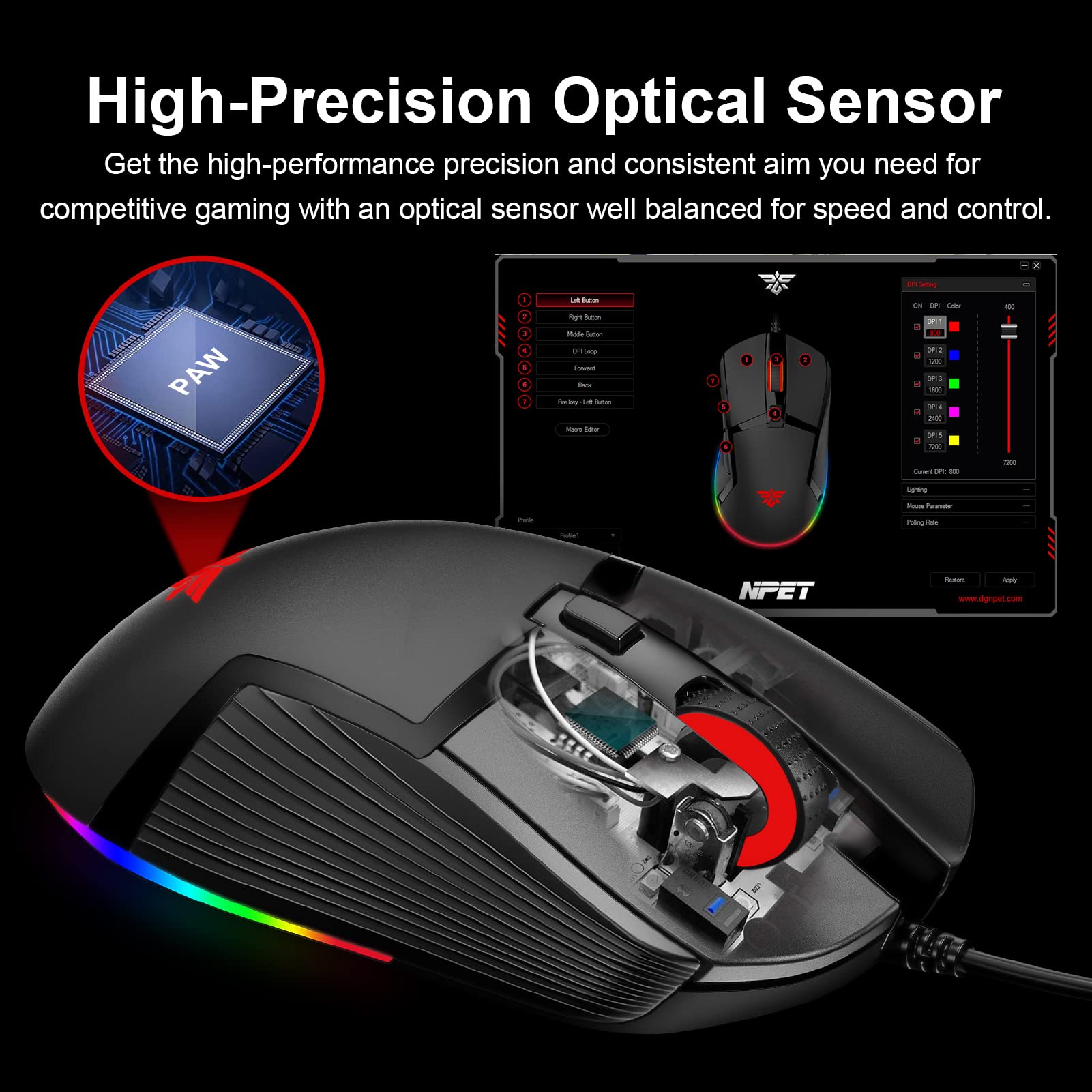 NPET M61 Gaming Mouse, 7200 DPI Optical Sensor, Chroma RGB Lighting, 7 Programmable Buttons, Anti-Slip Side Grips, Wired Mouse for FPS, MOBA, MMO