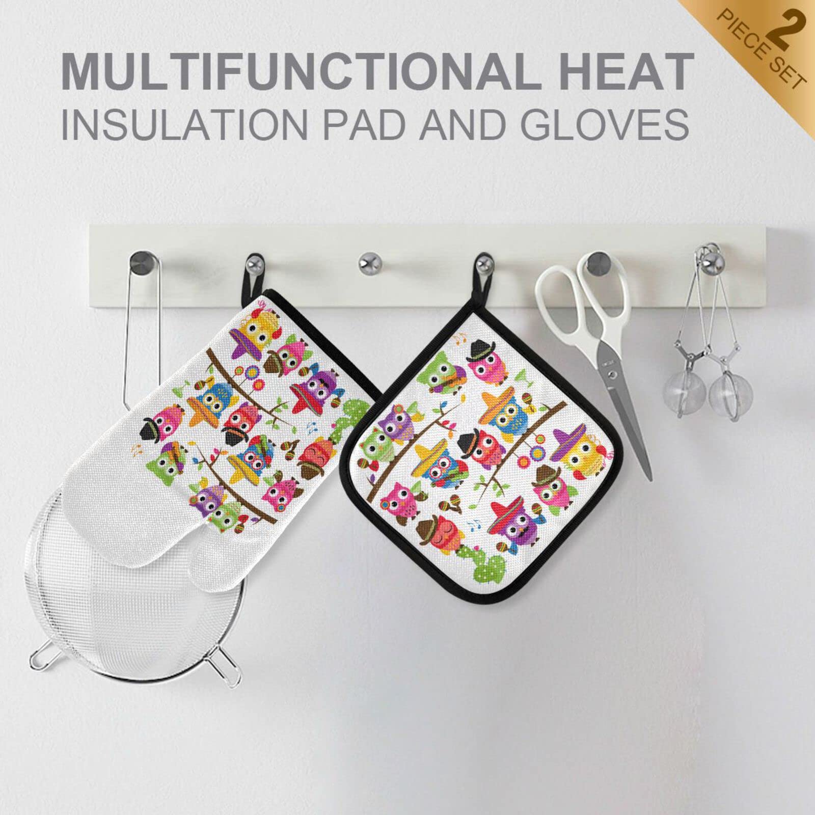 Oven Mitts Set Cinco De Mayo Owl Birds Pot Holders Spring Summer Kitchen Oven Glove Baking Mitts 2PCS Cooking Stove Gloves Potholders Heat Resistance Hot Pads for Grilling BBQ Holiday Decor Gift