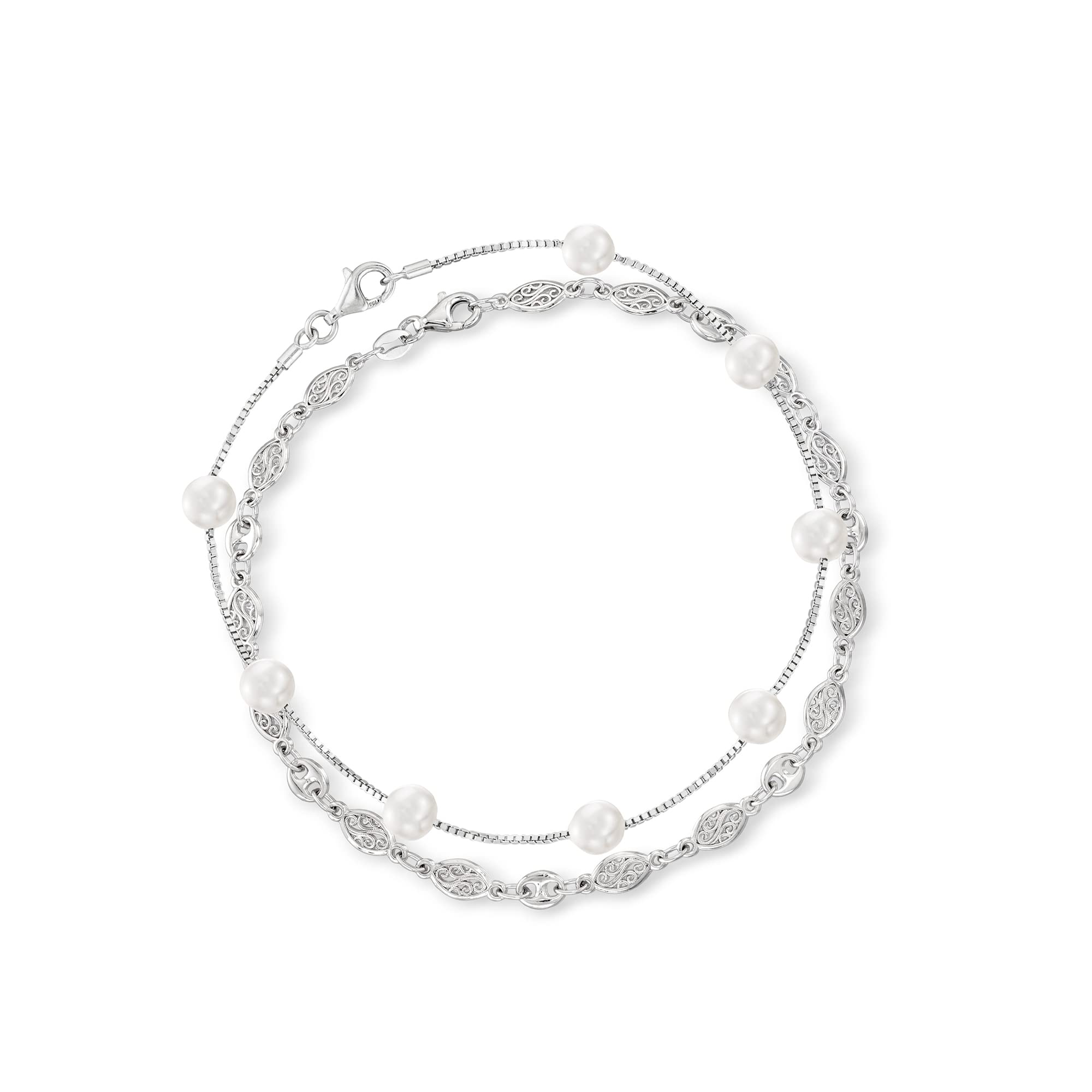 Ross-Simons 7-7.5mm Cultured Pearl and Sterling Silver Jewelry Set: 2 Anklets. 10 inches