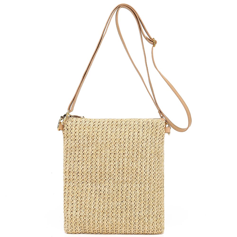 Straw Crossbody Bags for Women, Cute Straw Beach Purse with Detachable Shoulder Strap, Summer Straw Handbag Vacation Essentials (Light Brown)