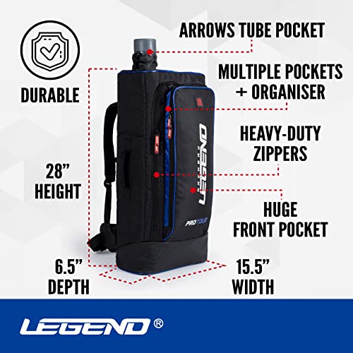 Legend Archery ProTour Backpack - Premium Recurve Bow Case - With Arrows Telescopic Tube - Take Down Recurve Bow up to 27" (Black/Blue)