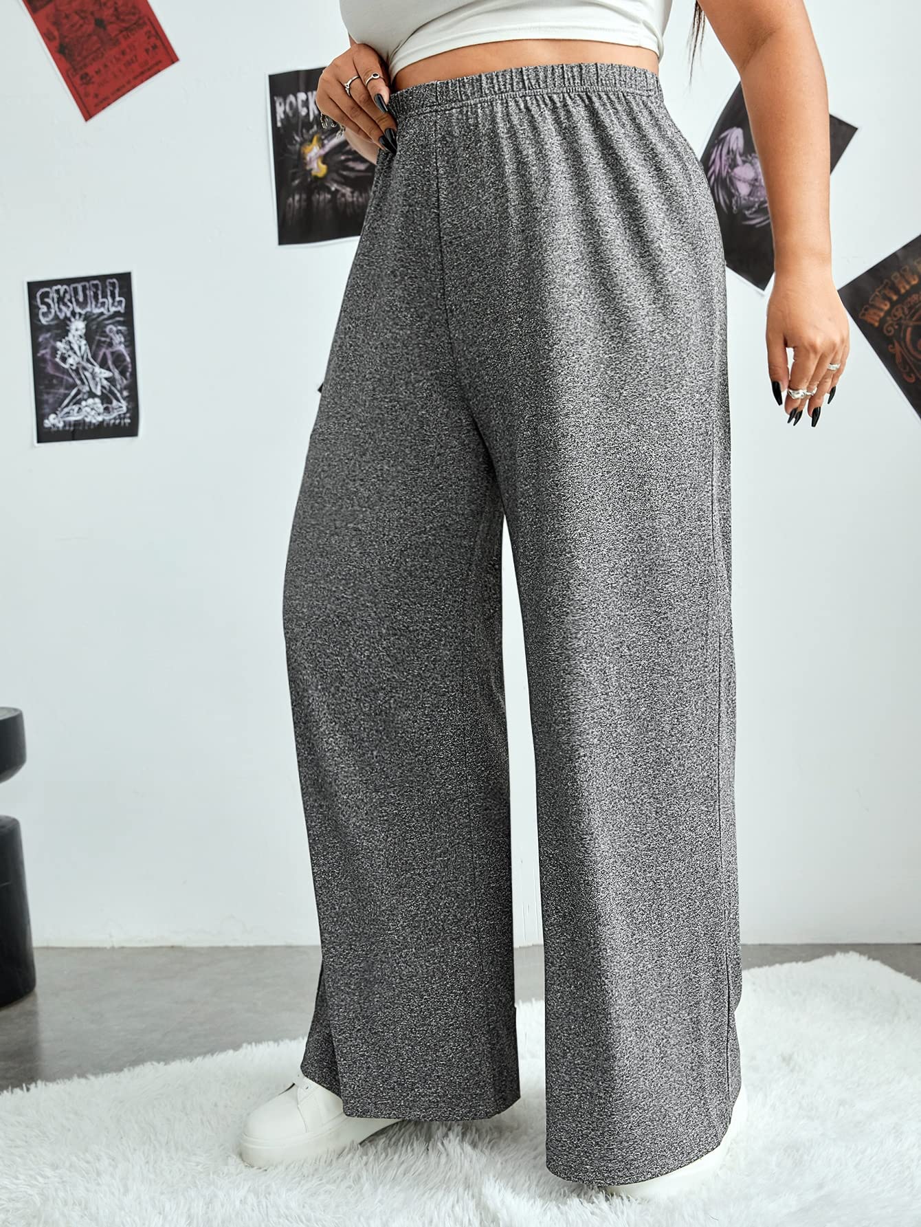 OYOANGLE Women's Plus Size High Elastic Waist Wide Leg Pants Casual Loose Yoga Pants Grey 1XL