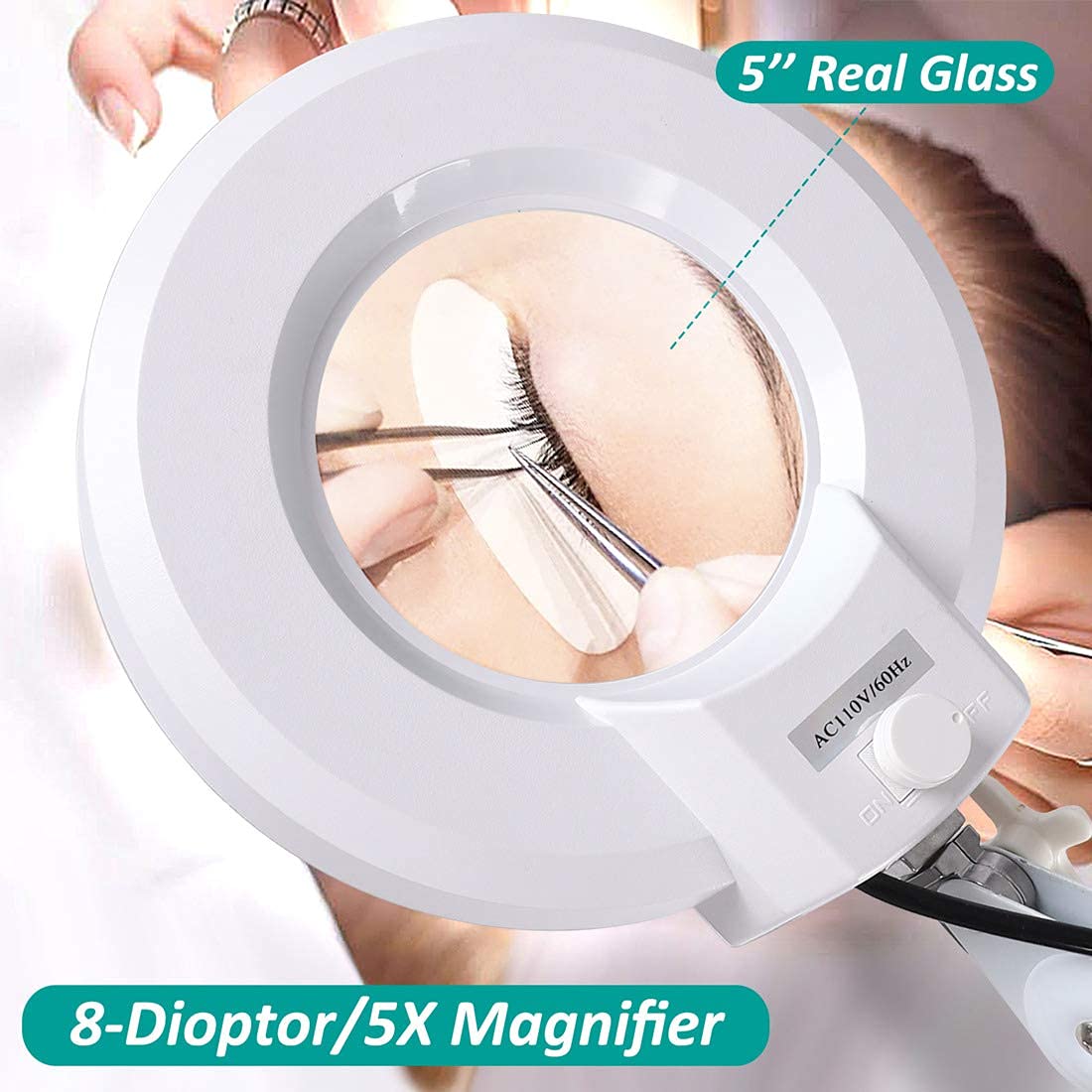Magnifying Floor Lamp with 5 Wheels Rolling Base, 8 Diopter Real Glass Lens, 5X Magnifier with 2200 Lumens Dimmable LED Light for Close Work, Adjustable Swivel Arm Standing Lamp for Lash Extensions