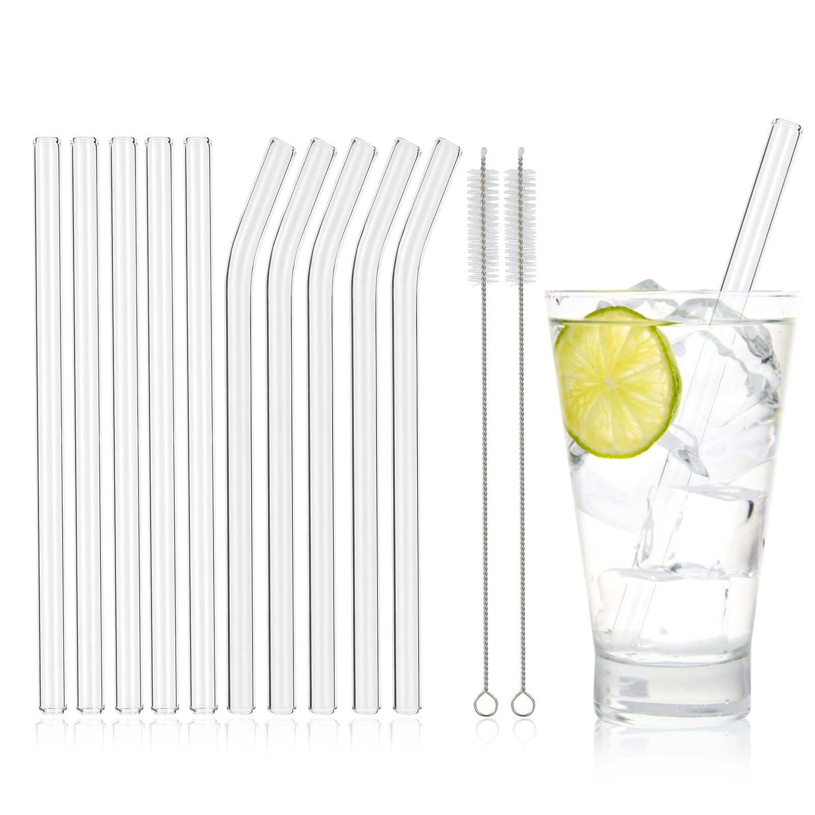 RENYIH 10 Pcs Reusable Glass Drinking Straws,9''x10 mm Clear Glass Straws for Beverages Milkshakes, Tea, Juice,Set of 5 Straight and 5 Bent with 2 Cleaning Brushes -Dishwasher Safe