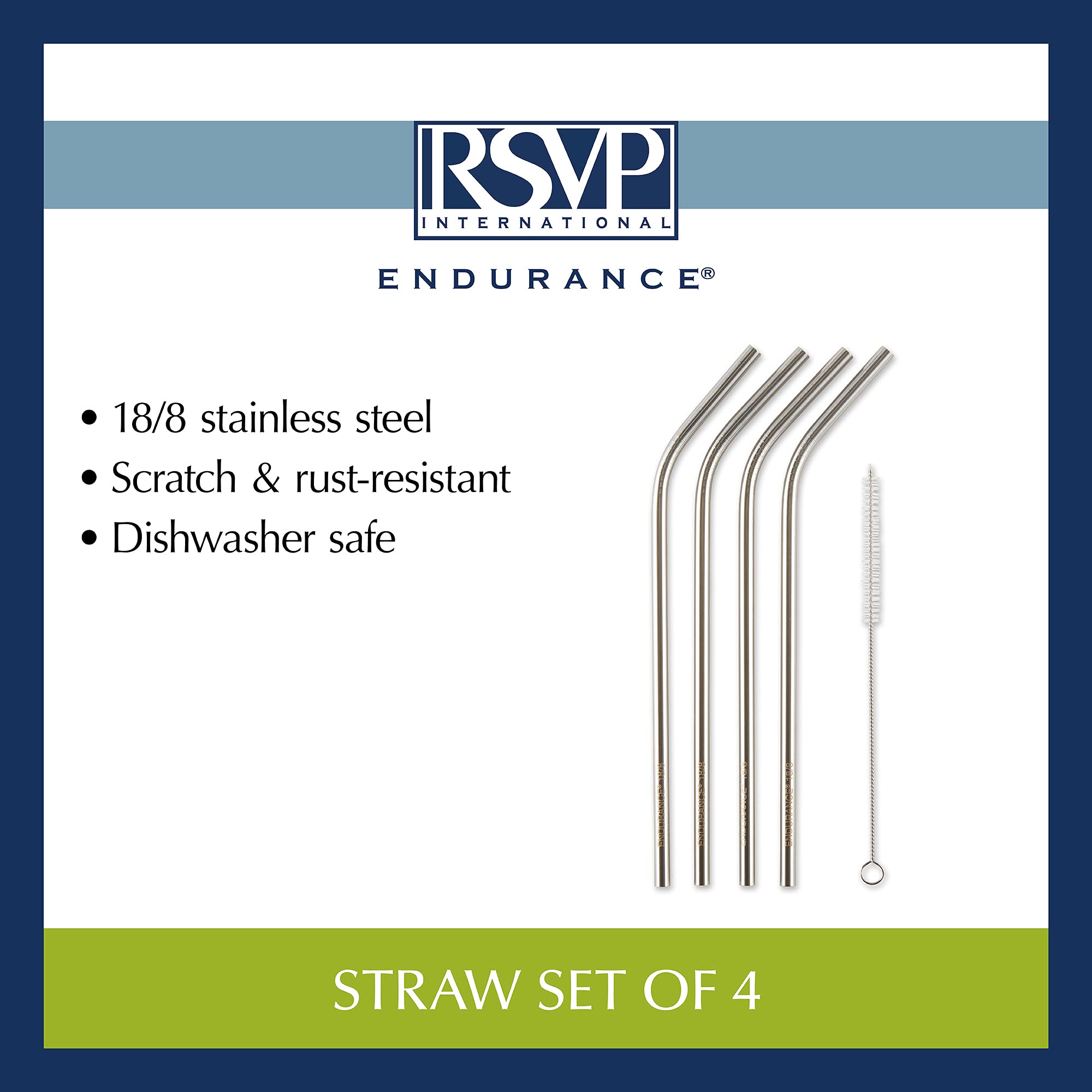 RSVP International Endurance Stainless Steel 8.5" Drink Straws, 4 Count | 5mm Fits Most Tumblers | Reusable & Durable | For Smoothies, Frappes, Sodas, Tea & More | Dishwasher Safe
