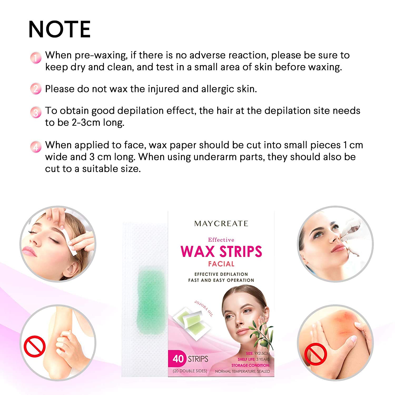 Maycreate Facial Wax Strips,Hair Removal Waxing Strips for Face Legs Underarms Brazilian Bikini Women (40 Count)