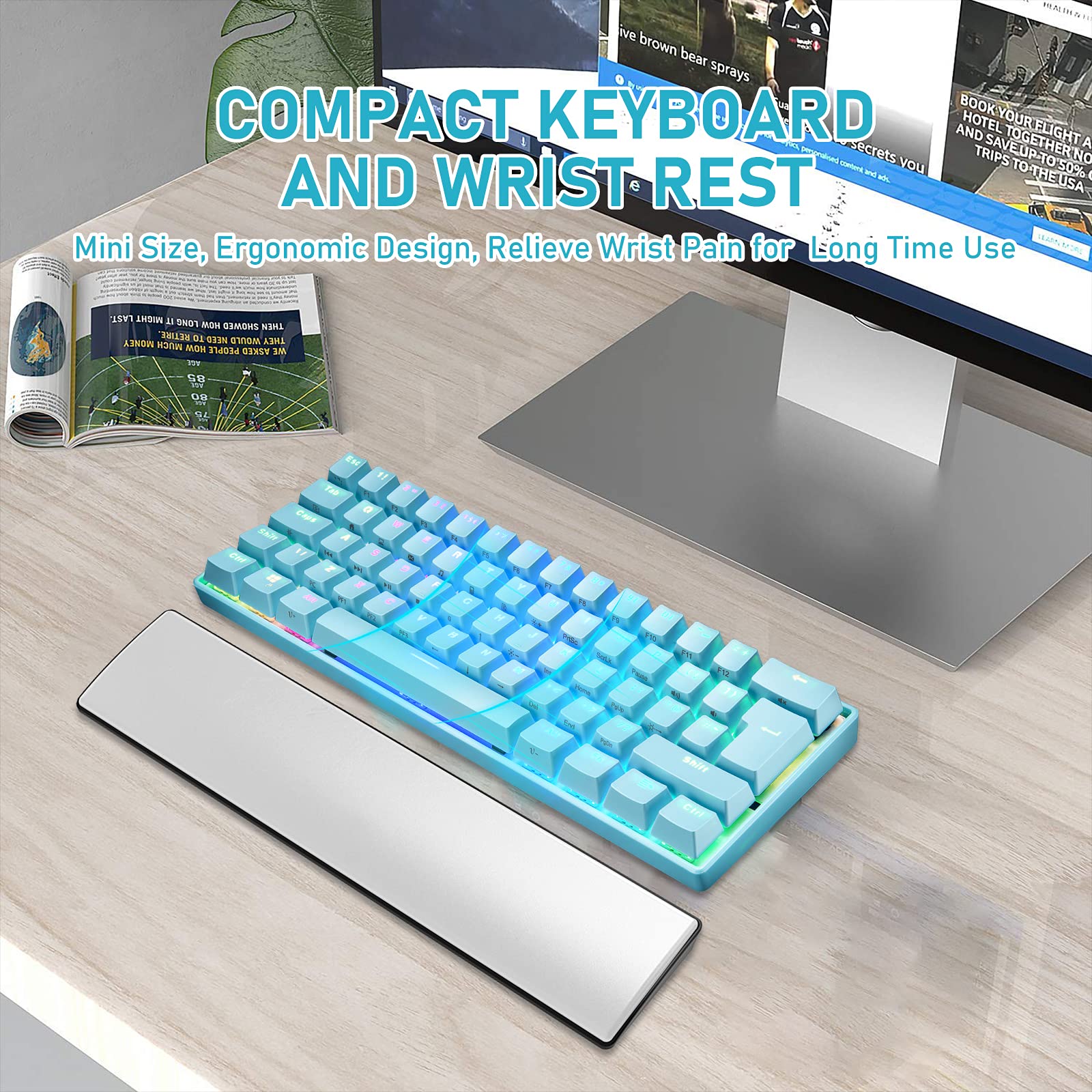 unband UK Layout 60% True Mechanical Gaming Keyboard Type C Wired 61 Keys LED Backlit USB Waterproof Keyboard 14 Chroma RGB Backlight Full Anti-ghosting Keys for Computer/PC/Laptop/MAC (Blue/Blue Swit