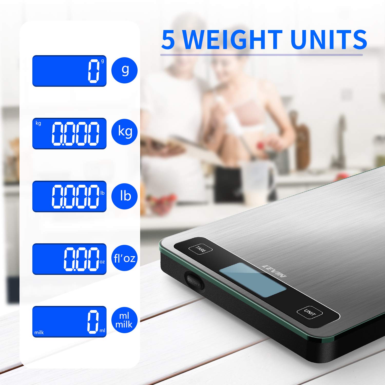 LEVIN Food Scale, 33lb Digital Kitchen Scale with 1g/0.05oz Precise Graduation, 5 Units LCD Display Scale for Cooking/Baking in KG, G, oz, ml, and lb, Easy Clean Stainless Steel and Tempered Glass