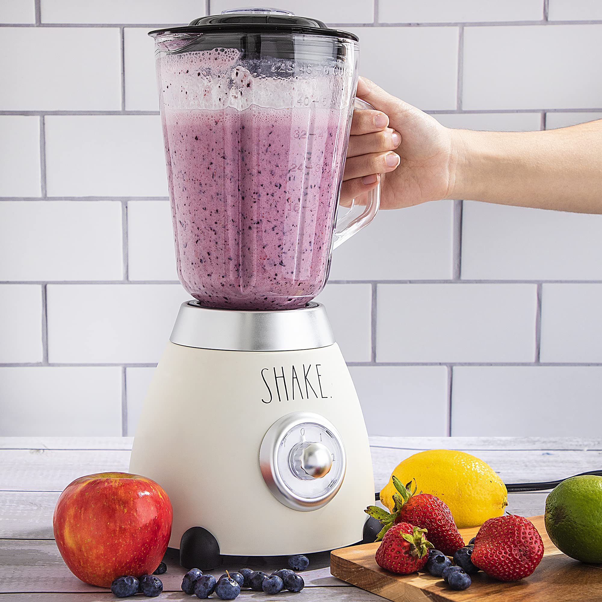 Rae Dunn Table and Countertop Blender- 2 Speed Blender with 1.5 L Glass Container and Lid, 500 W Shake and Smoothie Maker, Juice Blender with 6 Blades (Cream)