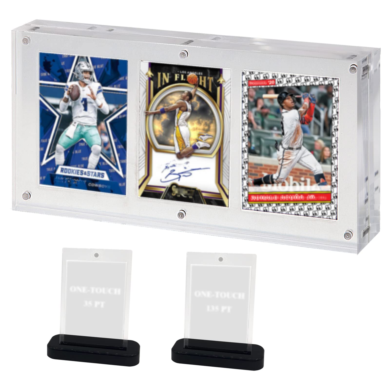 SJAELLAND 35PT Trading Card Display - Super Thick Self Stand Card Holder (21mm) - Acrylic Clear Sports 3 Card Display Case (3-Slot Double Stands)