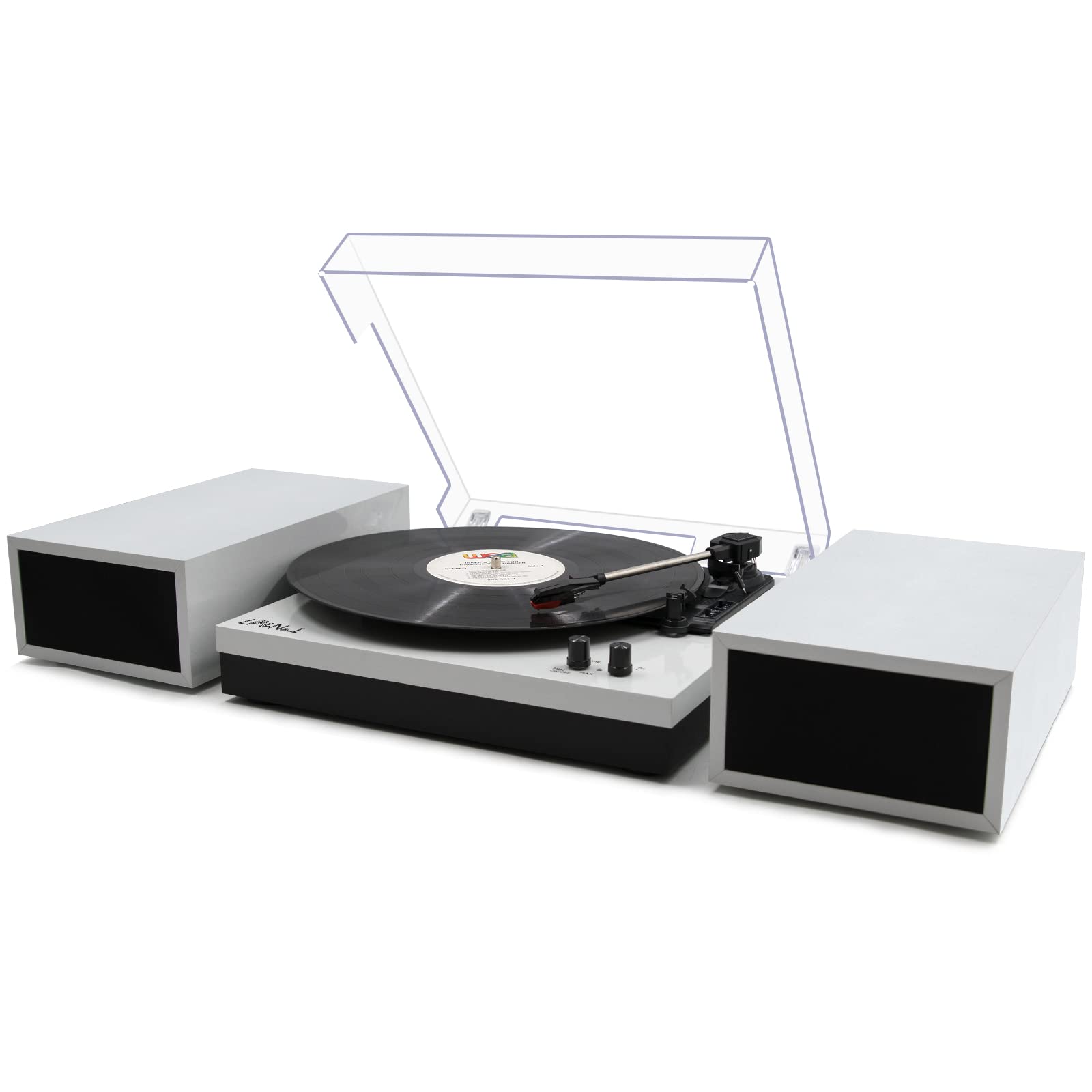 LP&No.1 Record Player with External Speakers, 3 Speed Vintage Belt-Drive Vinyl Turntable with Auto-Stop (White Pearl)
