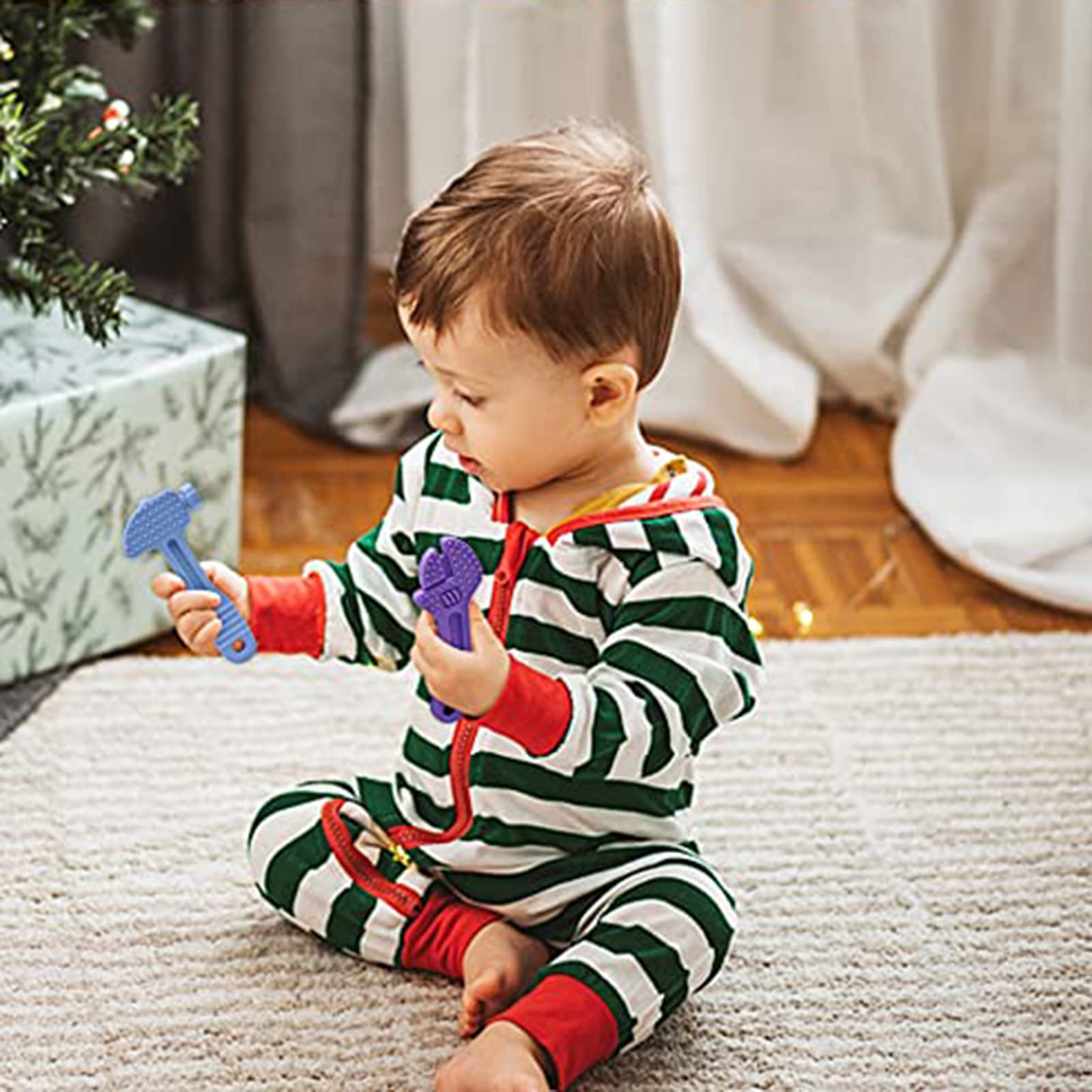 SJUFNDS Silicone Baby Teether Toy - Hammer Wrench Spanner Pliers Shape Infant Teething Molar Ease Babies Sore Gums Freezer BPA 0-6 Months for 6-12 4 Pack