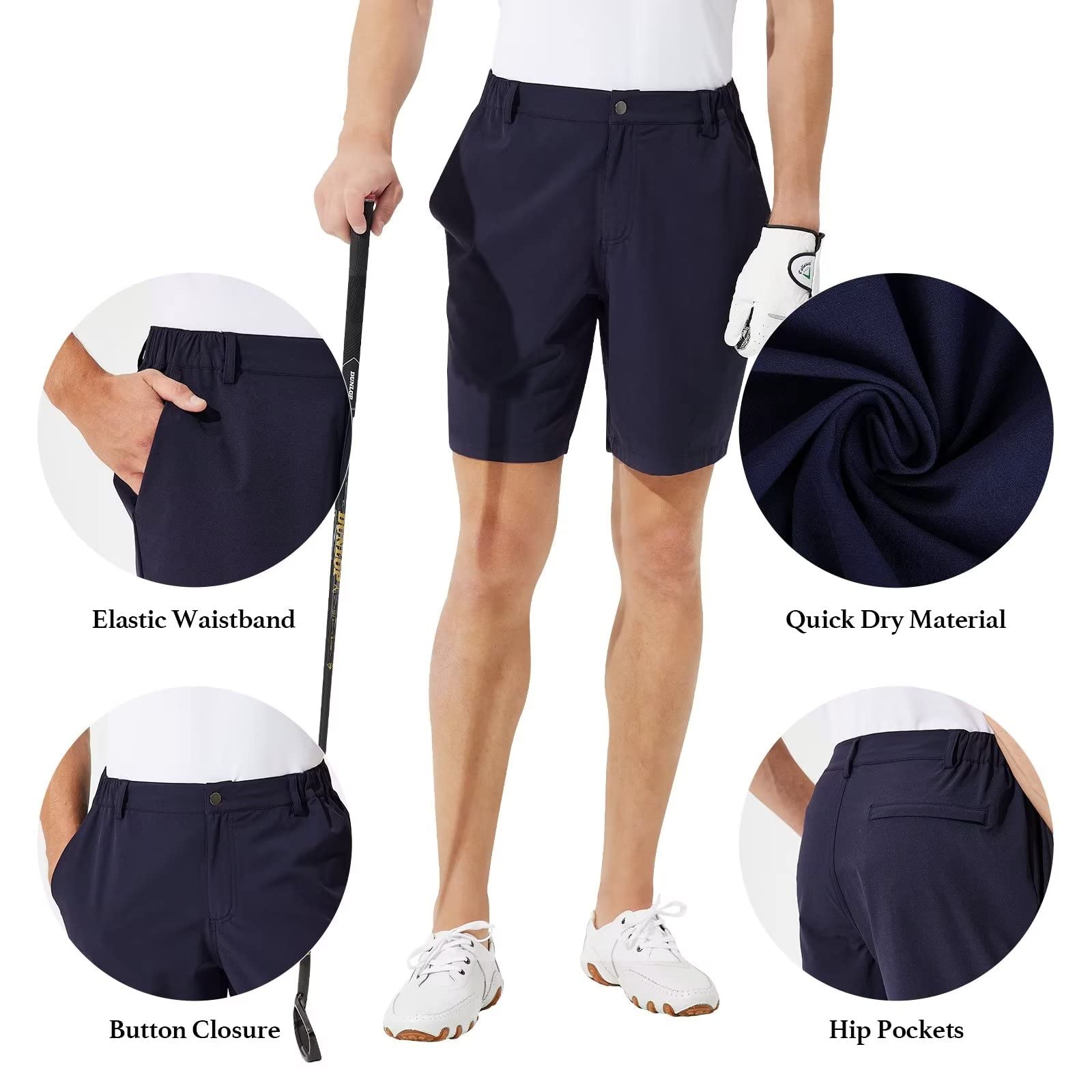 SURFEASY Men's Stretch Golf Work Shorts Dry Fit Lightweight Flat Front Cargo Hiking Casual Short(Navy,M)