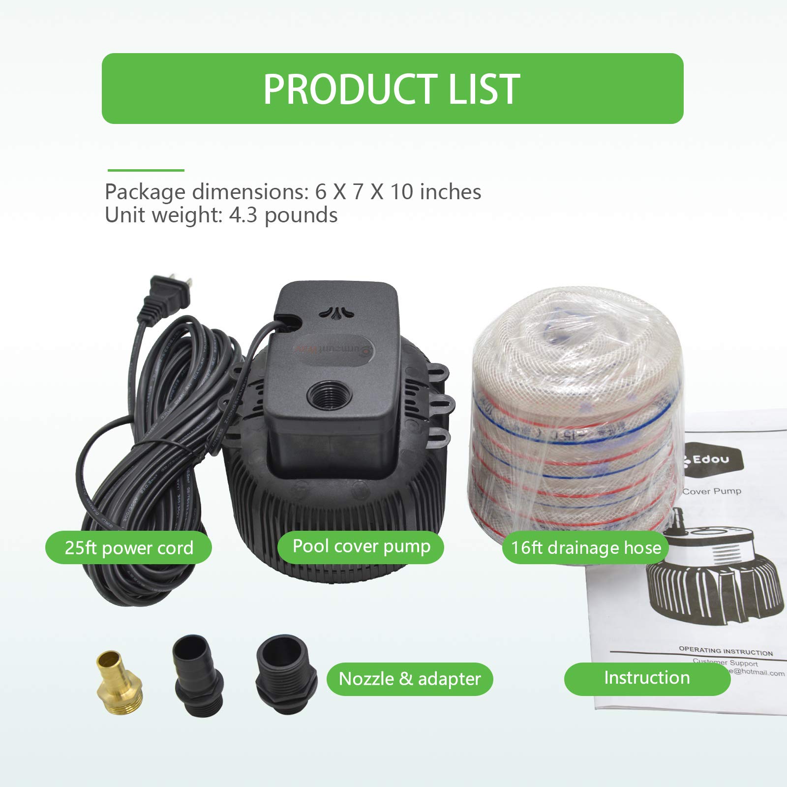 SurmountWay Pool Cover Pump Above Ground,850 GPH, 3 Adapters Swimming Pool Cover Pump with 16 Foot Heavy-Duty Kink Proof Hose (Black)