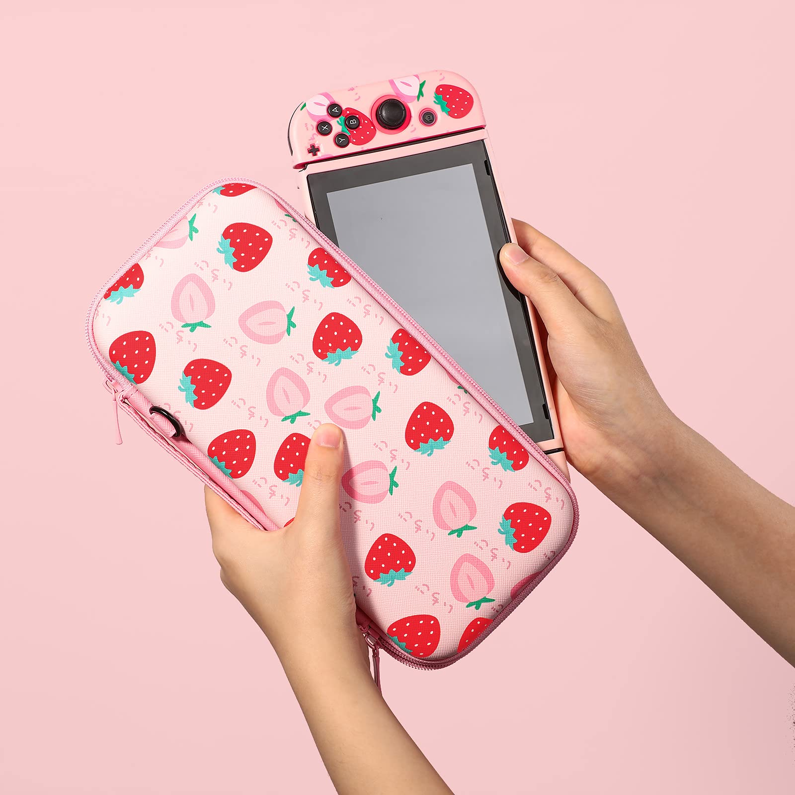 Pink Strawberry Pattern Protective Case and Carrying Case Compatible with Nintendo Switch, Soft Slim Case Cover for Console and Controllers, Hard Shell Travel Carrying Bag with 12 Game Card Slots