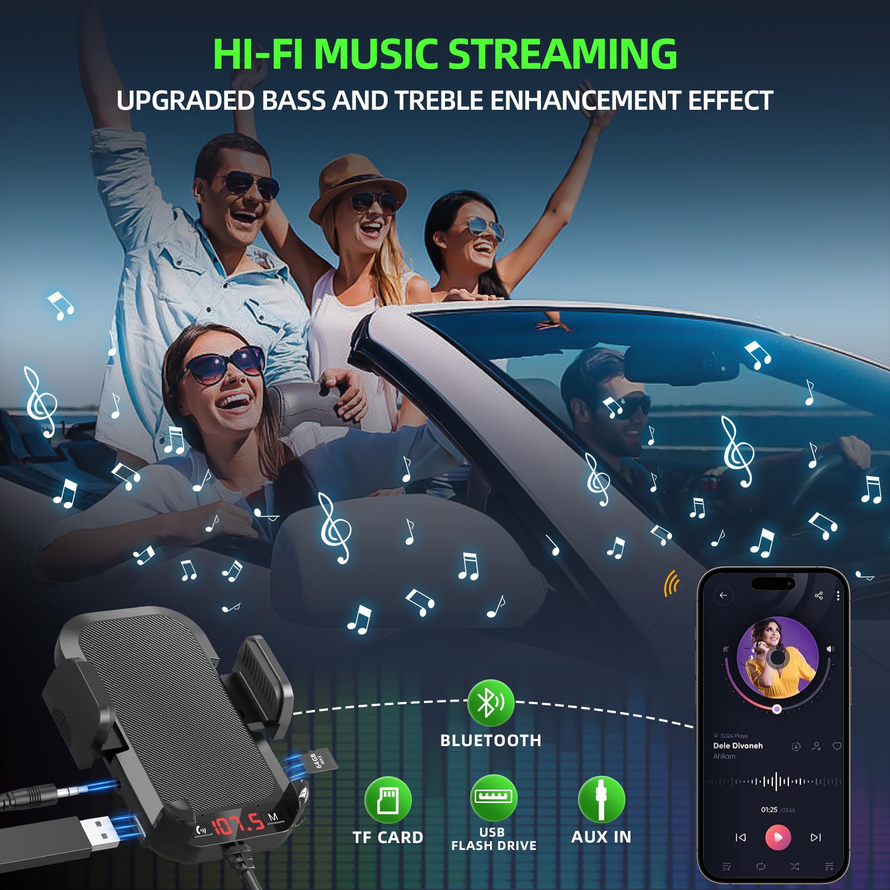 Majiphi Bluetooth Car Adapter,[Your Friendly FM Bluetooth Transmitter for Car Driving],Quickly Controlled with Car's A/C Vent Phone Mount,5.3 FM/AUX for Hands-Free Calling and Enjoy Music (Dark Grey)