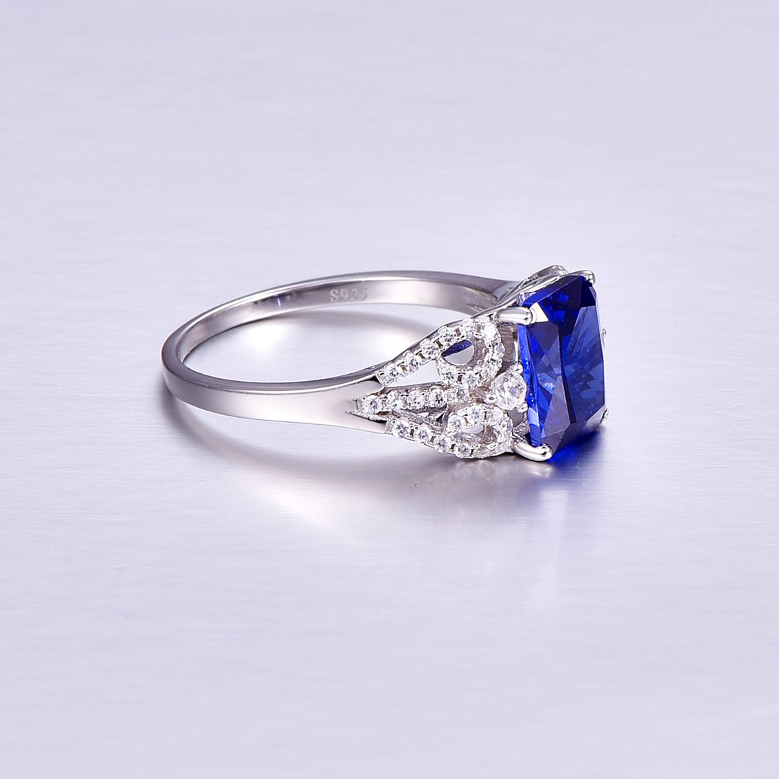 Merthus 7x9mm Radiant Cut Simulated Blue Sapphire 925 Sterling Silver Engagement Ring for Women Size 8