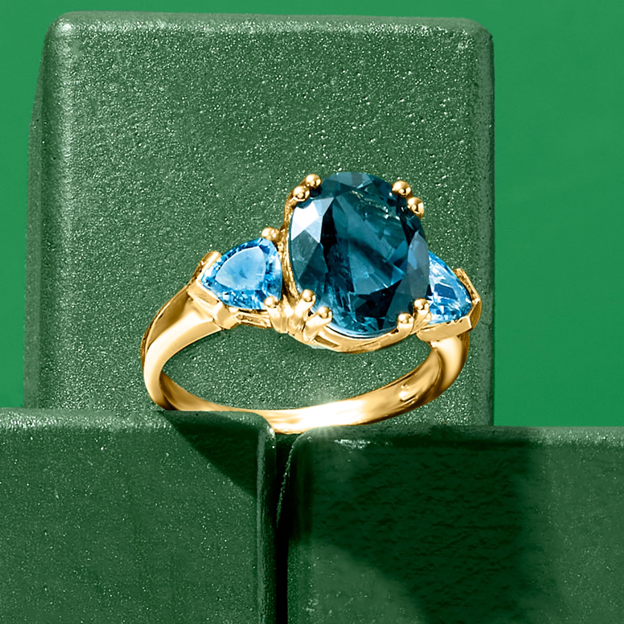 Ross-Simons 5.40 ct. t.w. Tonal Blue Topaz 3-Stone Ring in 14kt Yellow Gold. Size 8