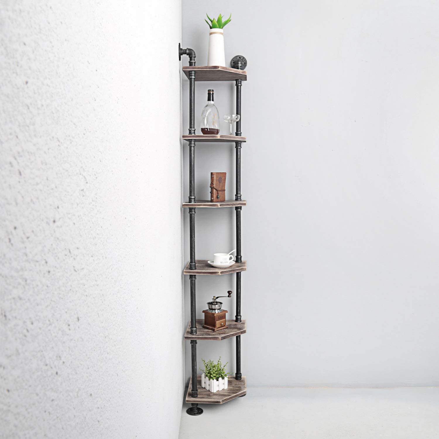 MBQQ Industrial Pipe Shelves Modern/Rustic Corner Book Shelves with Real Wood,Corner 6-Tier Bookshelf Display Stand,Metal Standing Home Decor Shelf Units
