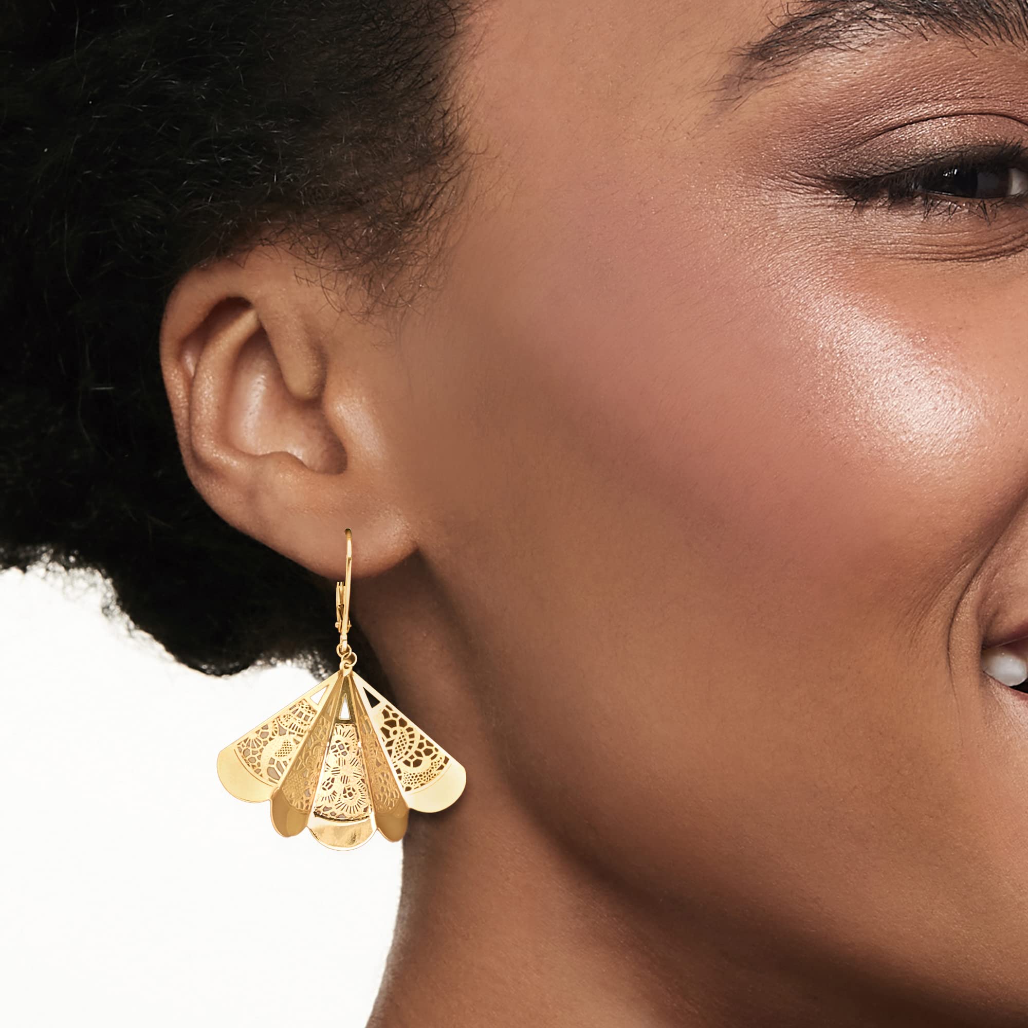 Ross-Simons Italian 14kt Yellow Gold Fan Filigree Drop Earrings