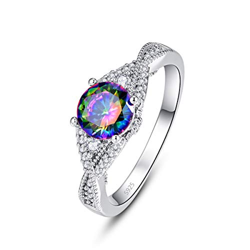 Momius 925 Silver Created-Rainbow Topaz Brilliant Round Cut Wave Side Band Ring for Girls Women Size 6¡