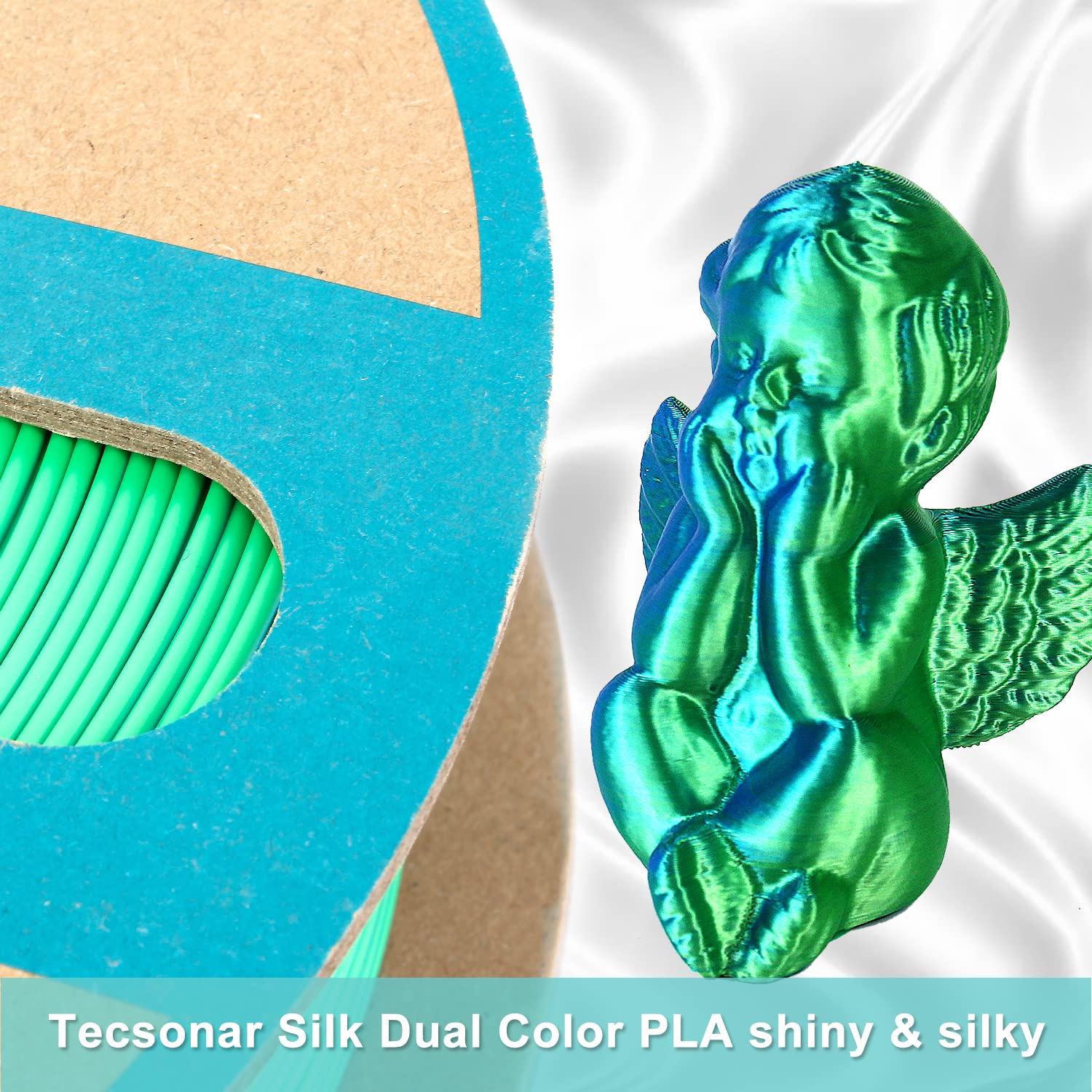 TECSONAR Silk Dual Color PLA Filament Coextrusion Filament Multicolor 3D Printer Filament 1kg Dichromatic Filament 1.75mm (± 0.03 mm) Compatible w/Most of 3D Printer, Silk Blue Green