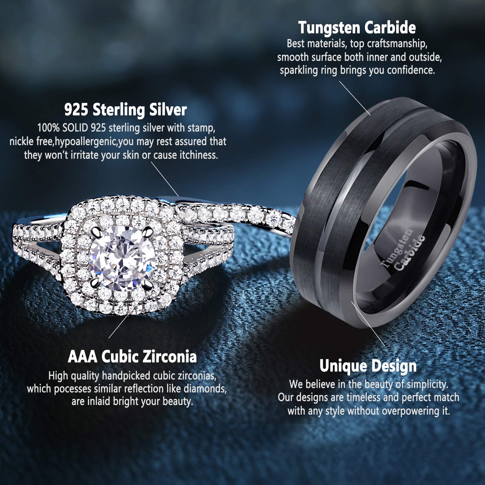 Newshe Wedding Rings Set for Him and Her Women Mens Tungsten Bands Cz 925 Sterling Silver Black 10&8